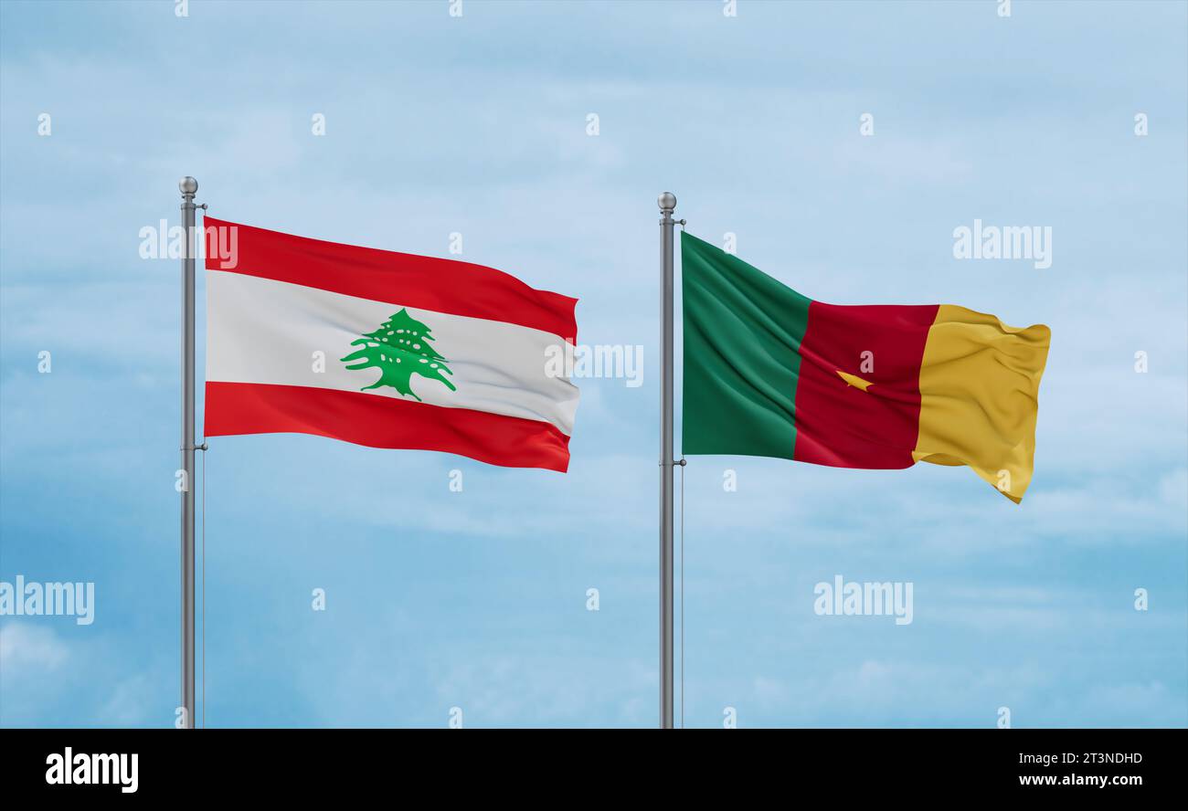 Cameroon and Lebanon flags waving together on blue cloudy sky, two country relationship concept ...