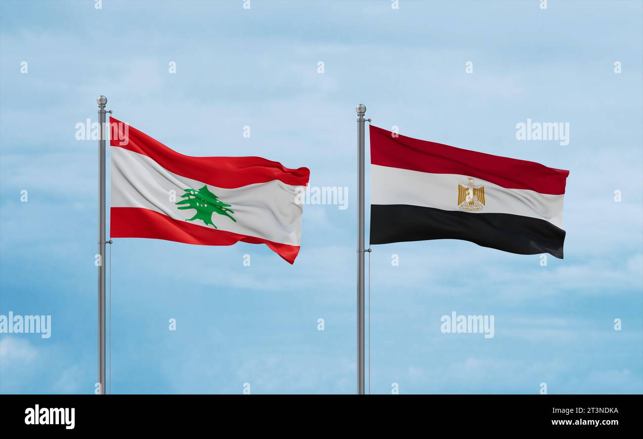 Egypt and Lebanon flags waving together on blue cloudy sky, two country ...
