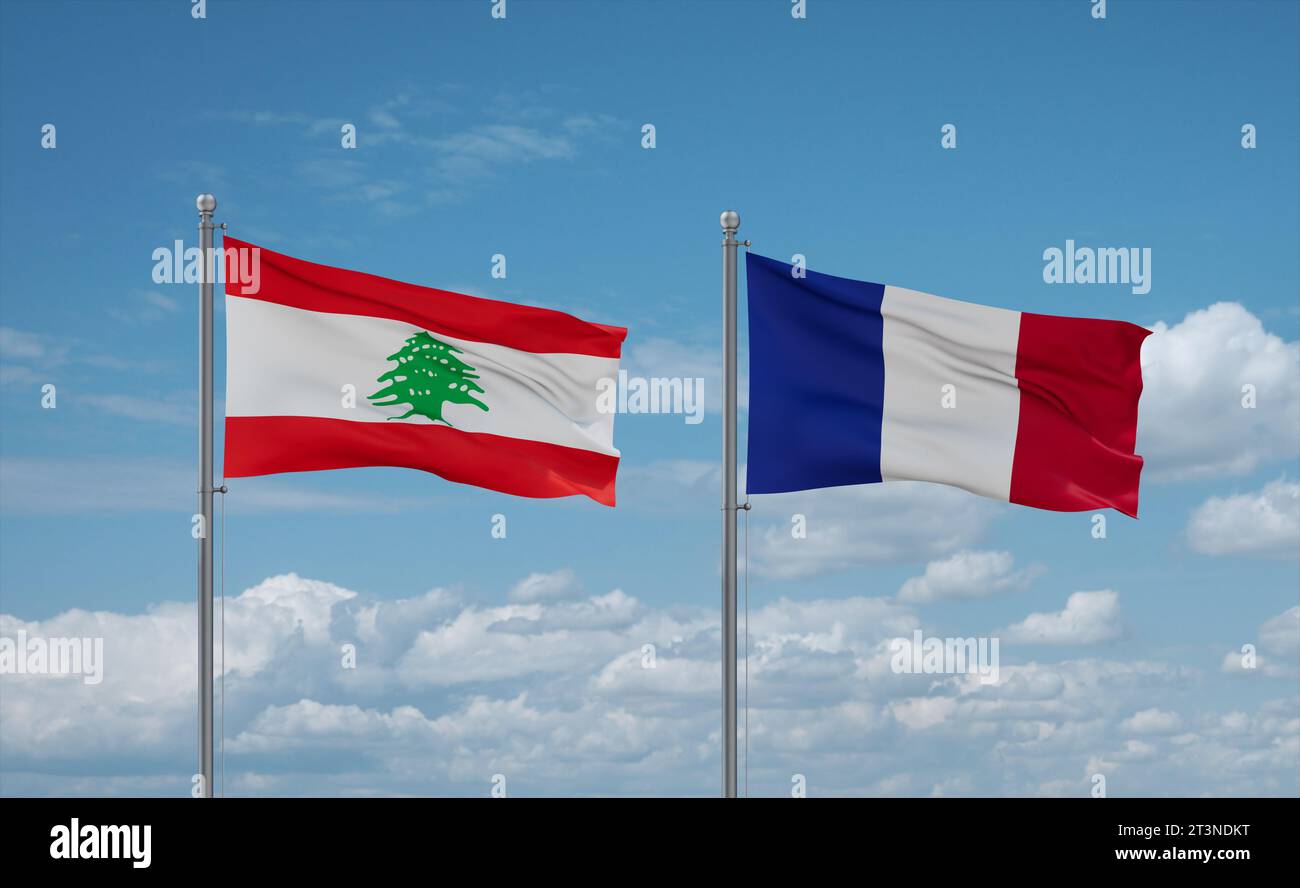 Lebanon and France flags waving together on blue cloudy sky, two ...