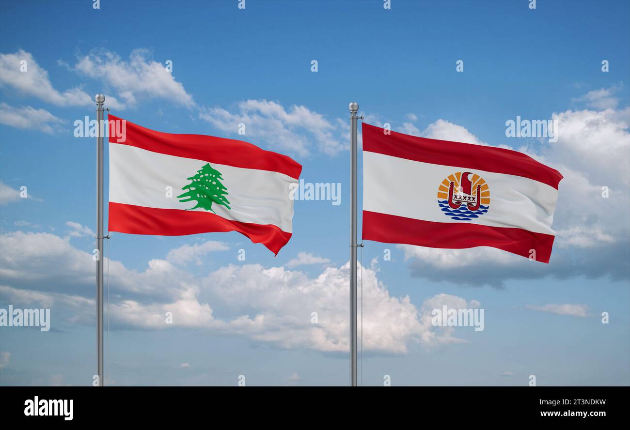 Lebanon and French Polynesia flags waving together on blue cloudy sky ...