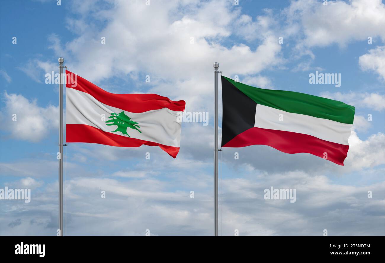 Kuwait and Lebanon flags waving together in the wind on blue cloudy sky ...
