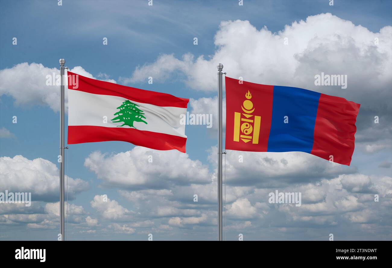 Mongolia and Lebanon flags waving together in the wind on blue cloudy ...