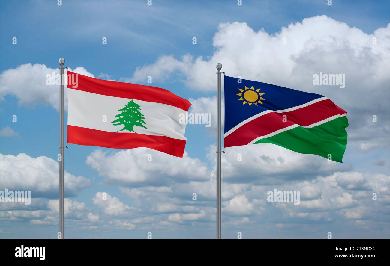 Namibia and Lebanon flags waving together in the wind on blue cloudy ...