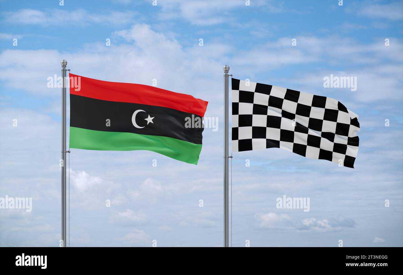 Checkered racing and Libya flags waving together on blue cloudy sky ...