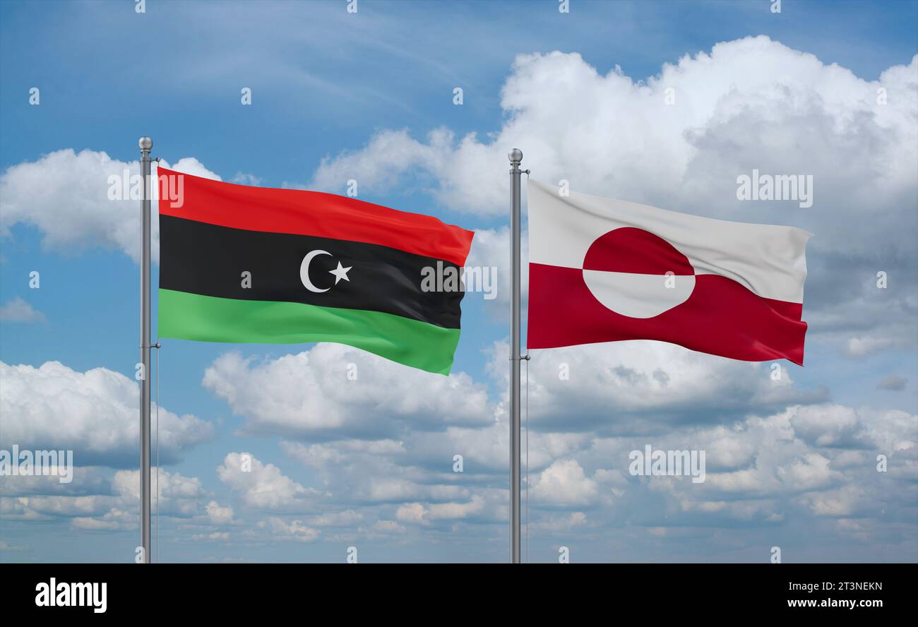 Greenland and Libya flags waving together on blue cloudy sky, two country relationship concept ...