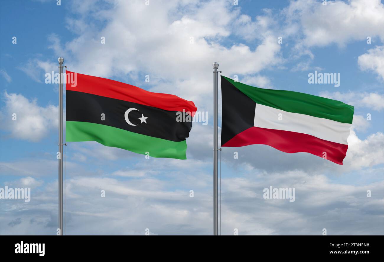 Kuwait and Libya flags waving together in the wind on blue cloudy sky ...