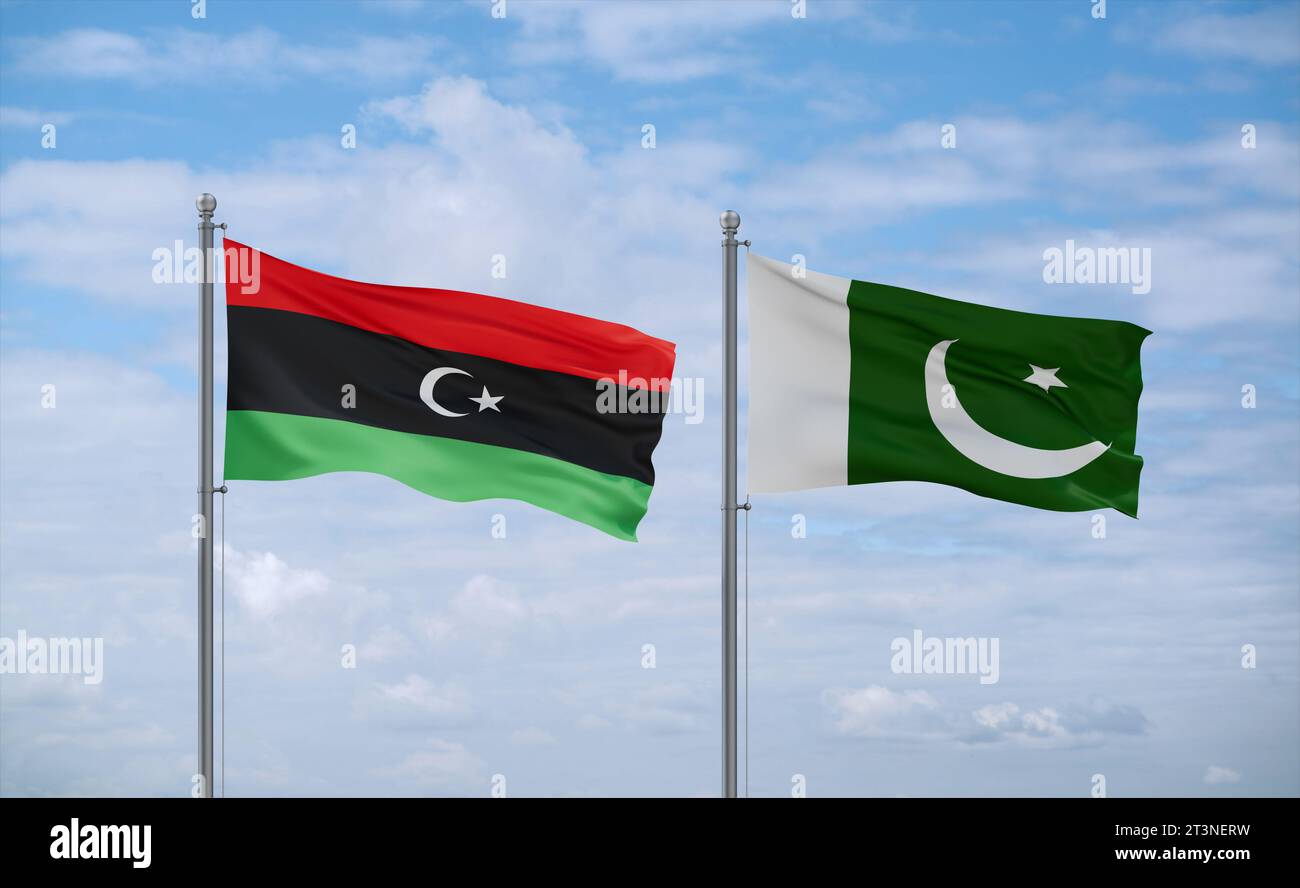 Pakistan and Libya flags waving together on blue cloudy sky, two ...