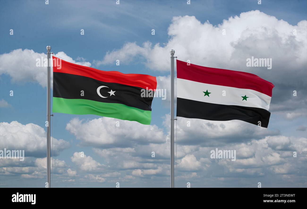 Syrian Arab Republic, Syria and Libya flags waving together in the wind ...