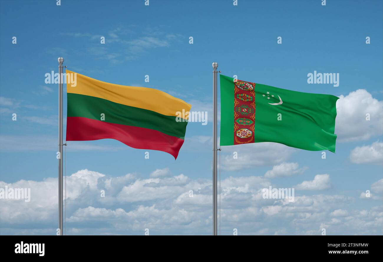Turkmenistan and Lithuania flags waving together in the wind on blue cloudy sky, two country ...