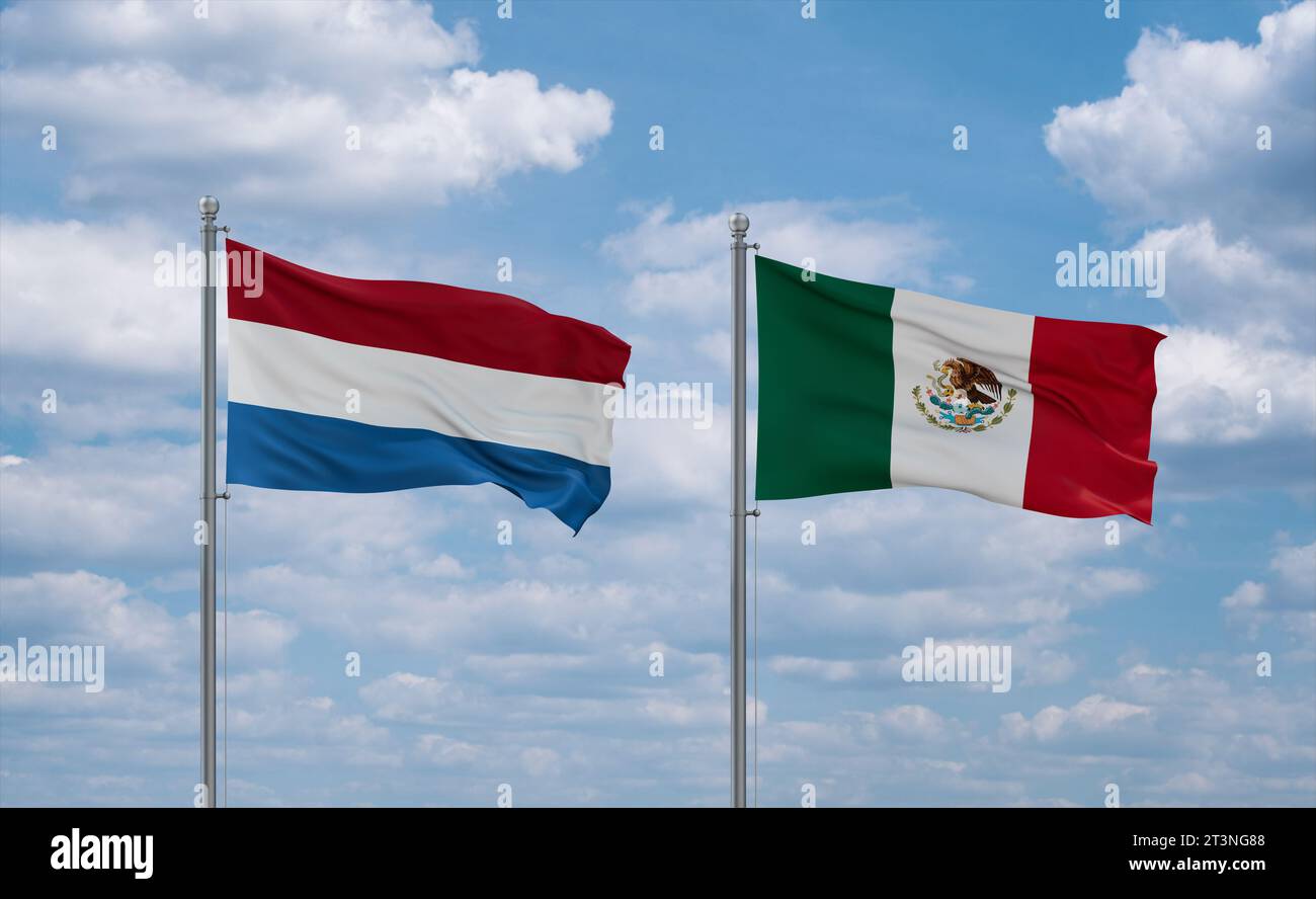 Mexico and Luxembourg flags waving together on blue cloudy sky, two country relationship concept ...