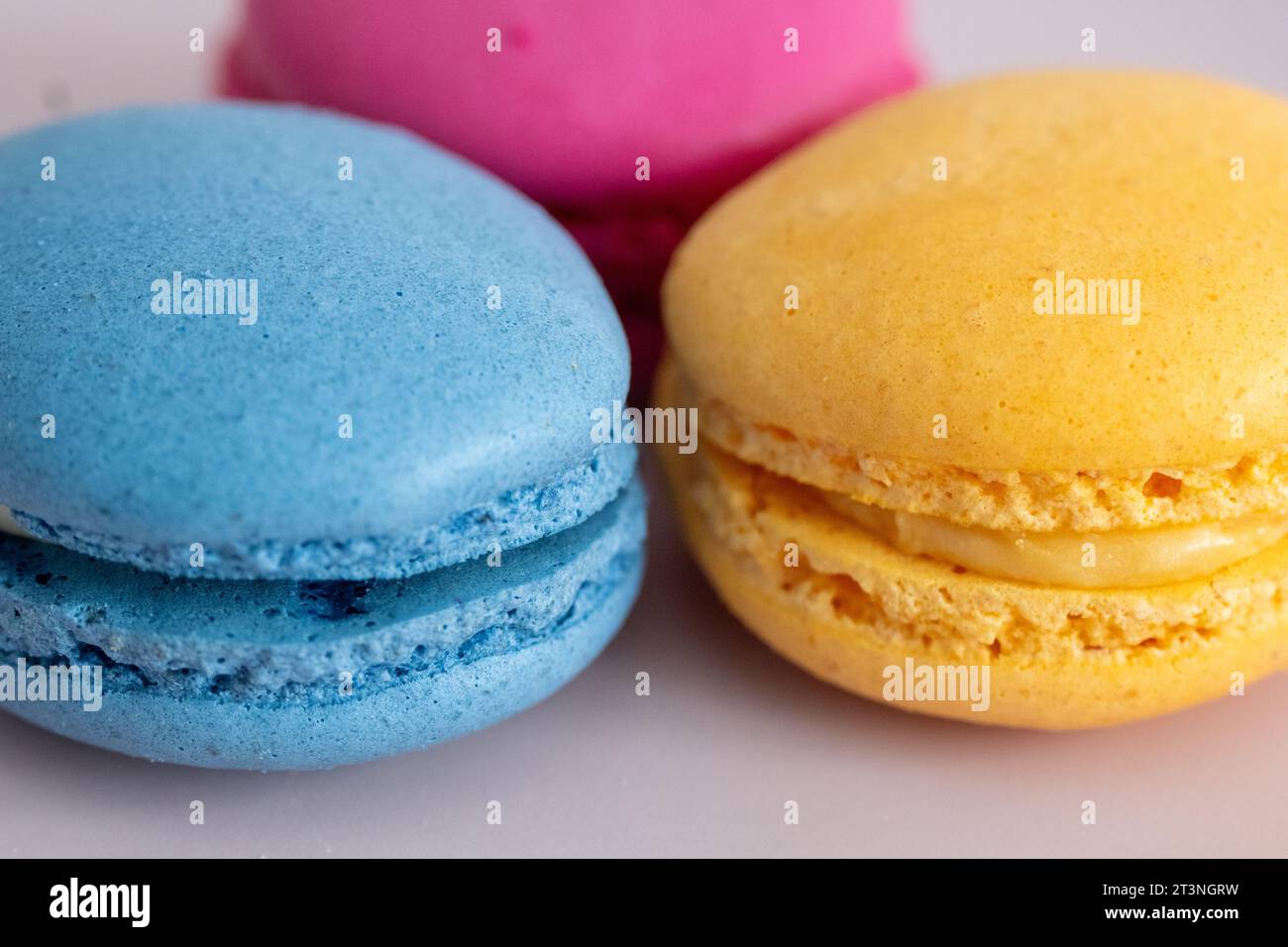 three different colored macarons on a pink plate on a blue background ...
