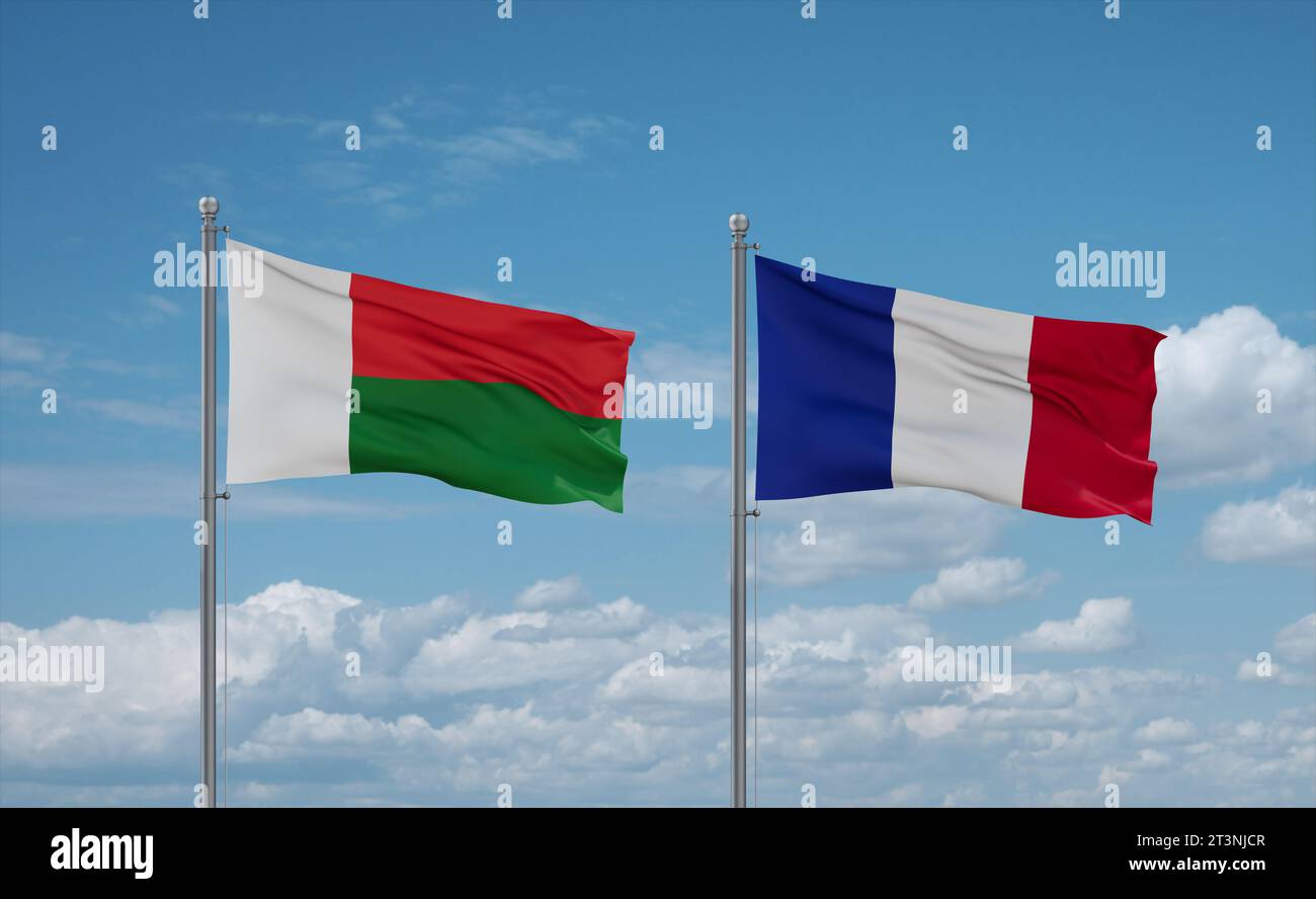 Madagascar and France flags waving together on blue cloudy sky, two country relationship concept ...