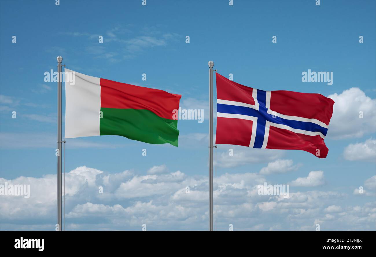 Norway and Madagascar flags waving together on blue cloudy sky, two country relationship concept ...