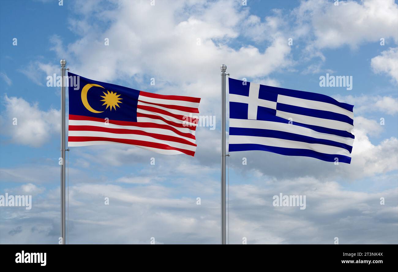 Greece and Malaysia flags waving together on blue cloudy sky, two ...