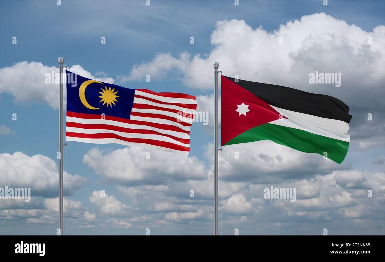 Jordan and Malaysia flags waving together in the wind on blue cloudy ...