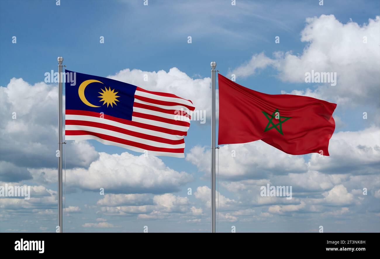 Morocco and Malaysia flags waving together on blue cloudy sky, two country relationship concept ...