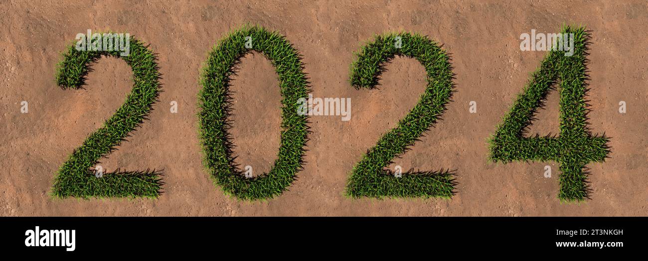 Concept or conceptual 2024 year made of green summer lawn grass symbol ...