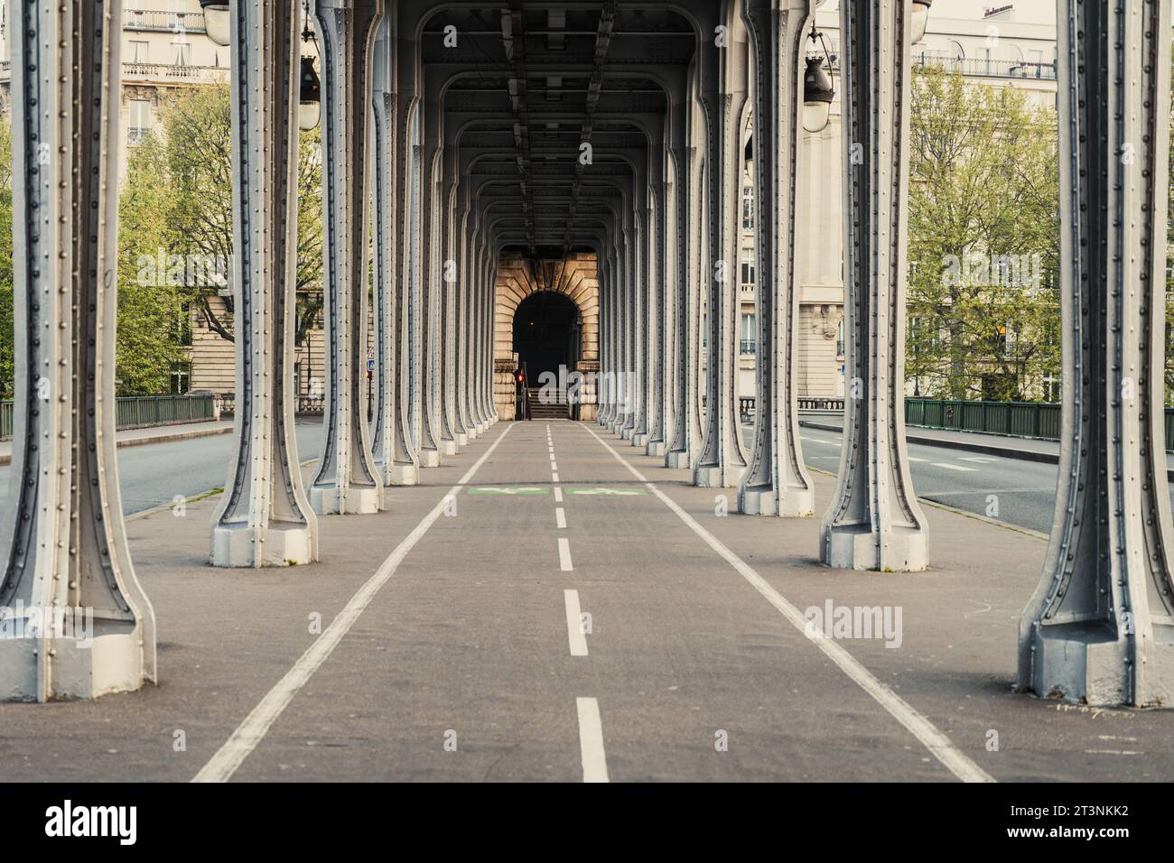 Long row of metal columns of elevated subway. Bir Hakeim Bridge in ...