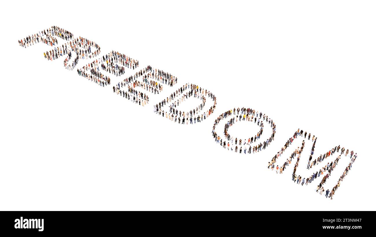Conceptual large community of people forming FREEDOM word. 3d ...