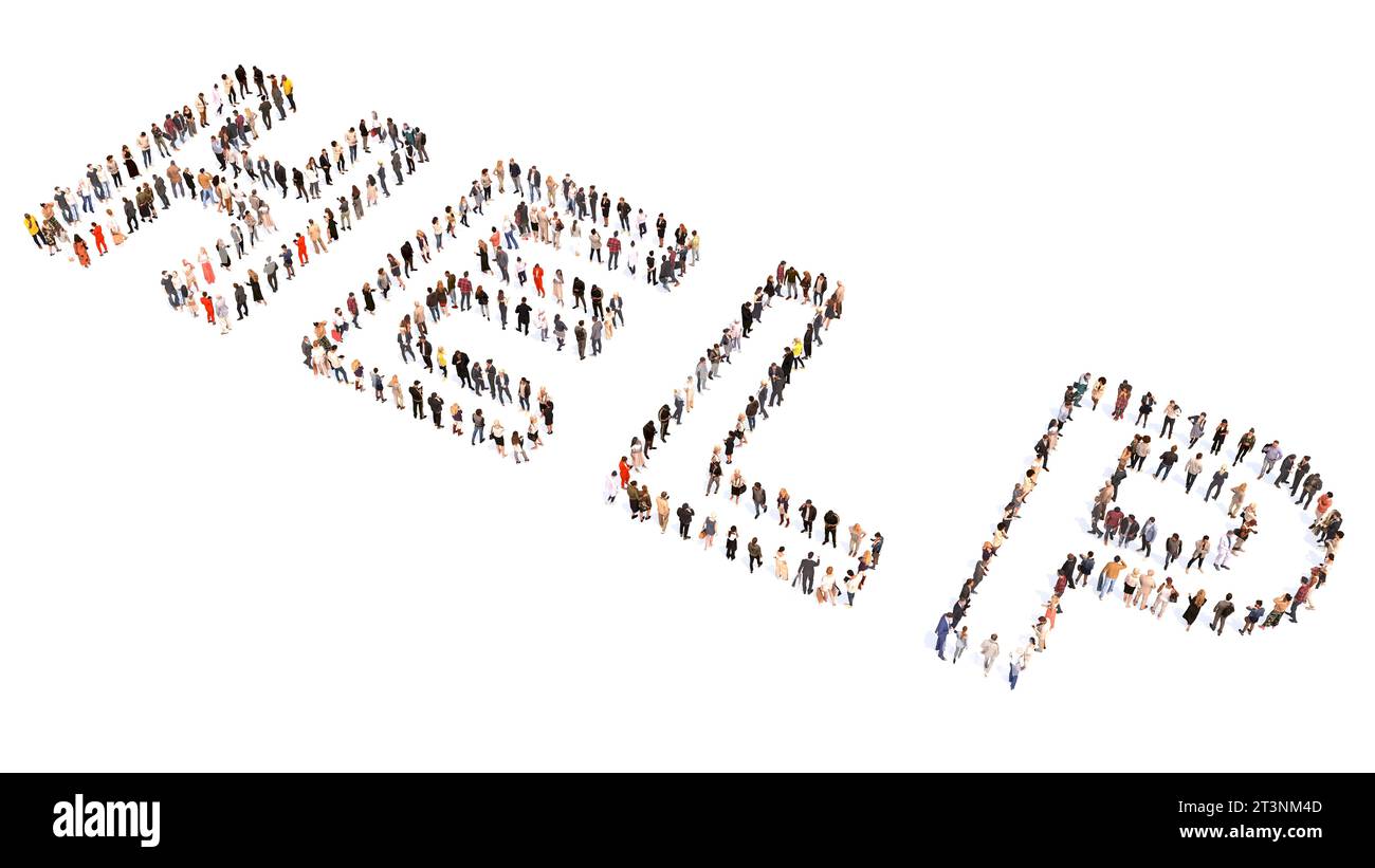 Conceptual large community of people forming HELP slogan. 3d ...