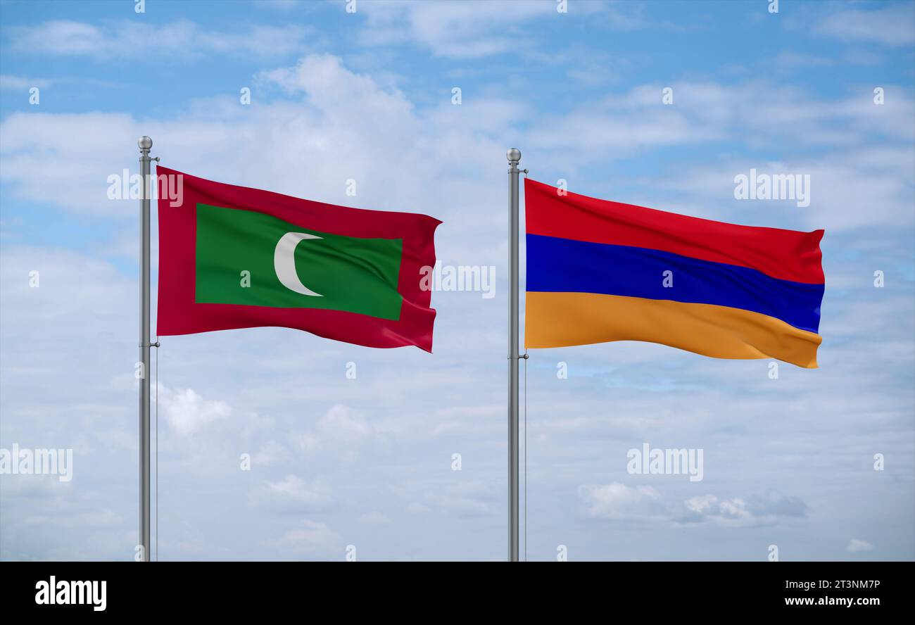 Armenia and Maldives flags waving together in the wind on blue cloudy sky, two country ...