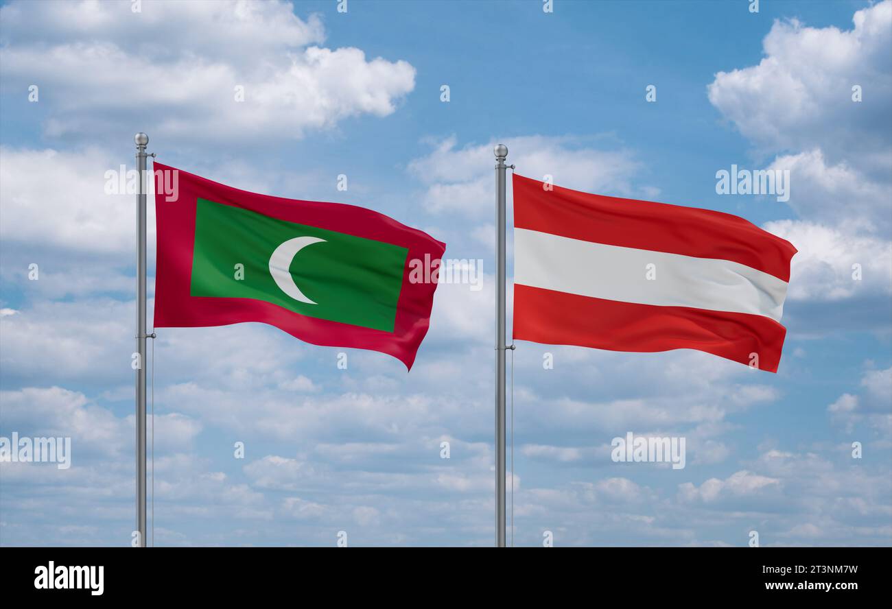 Austria and Maldives flags waving together on blue cloudy sky, two country relationship concept ...