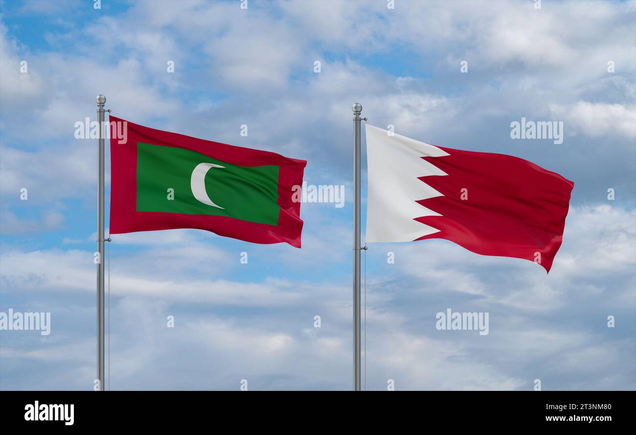 Bahrain and Maldives flags waving together on blue cloudy sky, two country relationship concept ...