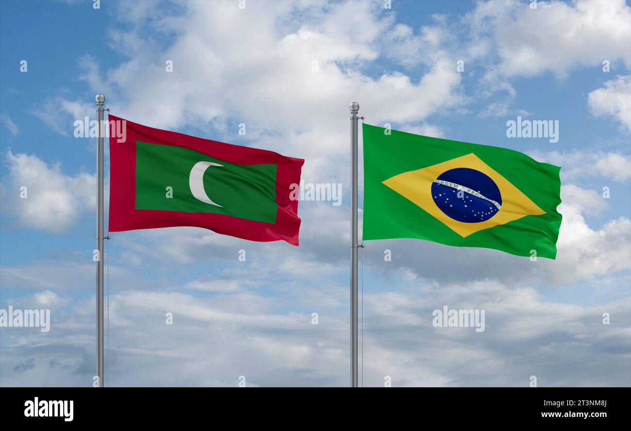 Brazil and Maldives flags waving together on blue cloudy sky, two country relationship concept ...
