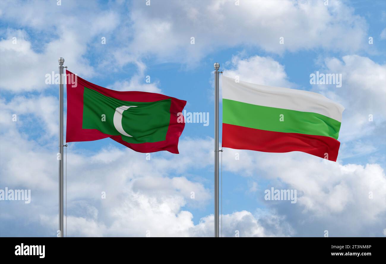 Bulgaria and Maldives flags waving together on blue cloudy sky, two country relationship concept ...