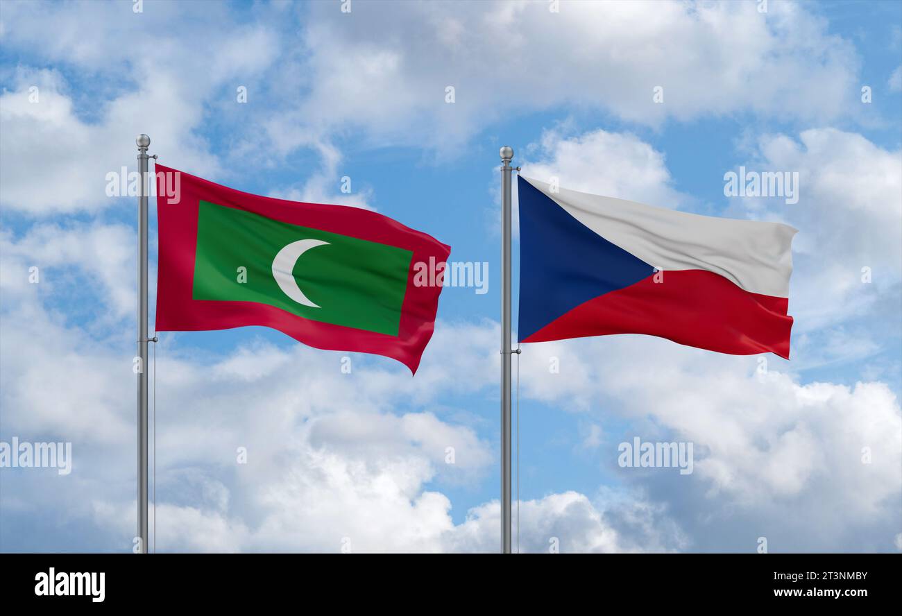 Czech Republic and Maldives flags waving together on blue cloudy sky, two country relationship ...