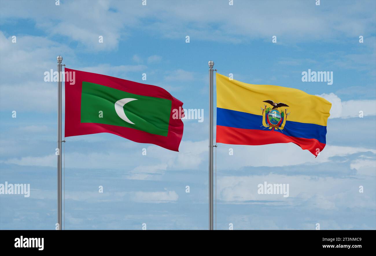 Ecuador and Maldives flags waving together on blue cloudy sky, two country relationship concept ...