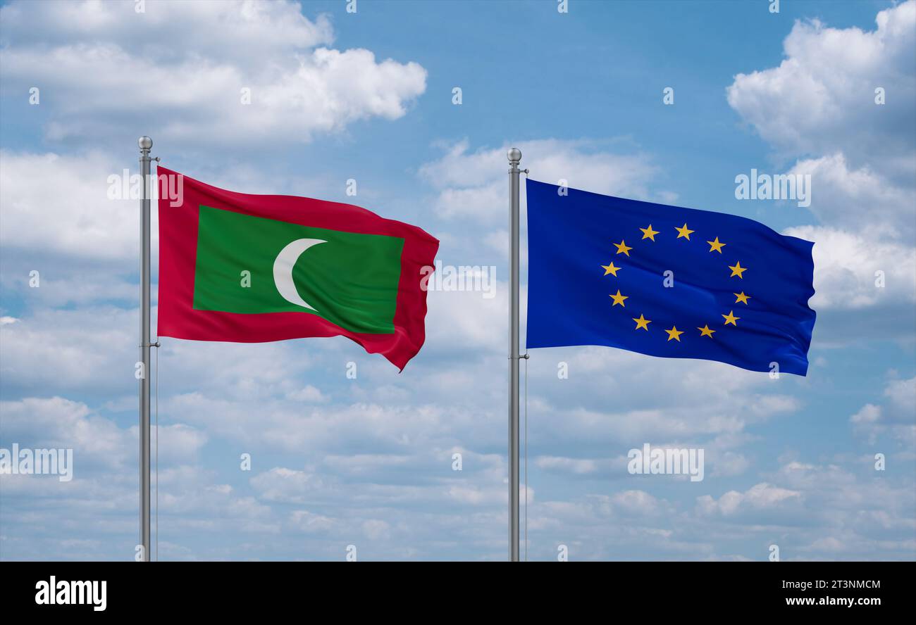 European Union and Maldives flags waving together in the wind on blue ...