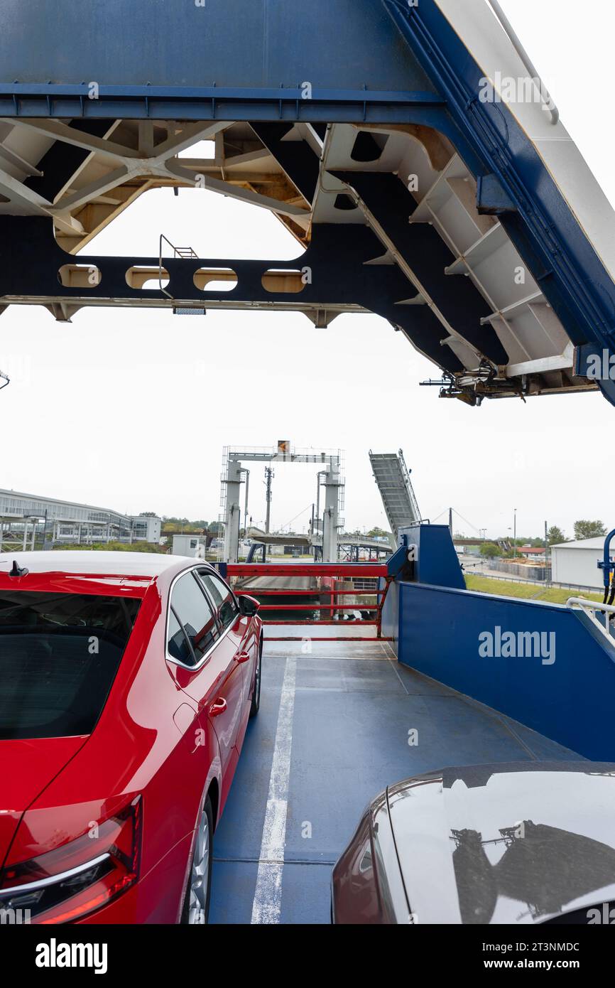 Front open door of passenger freight cargo ferry boat vessel ship with ...