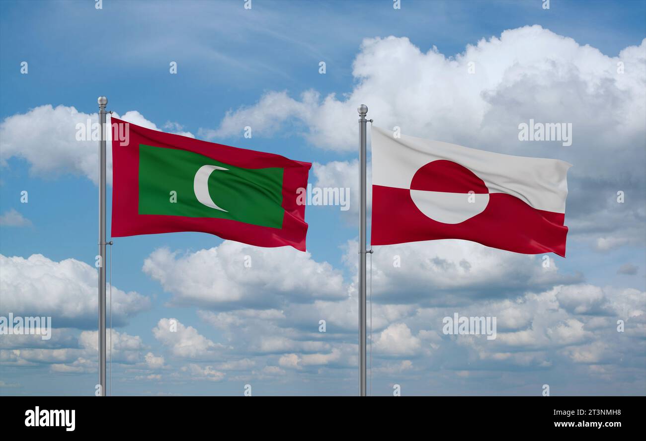 Greenland and Maldives flags waving together on blue cloudy sky, two country relationship ...