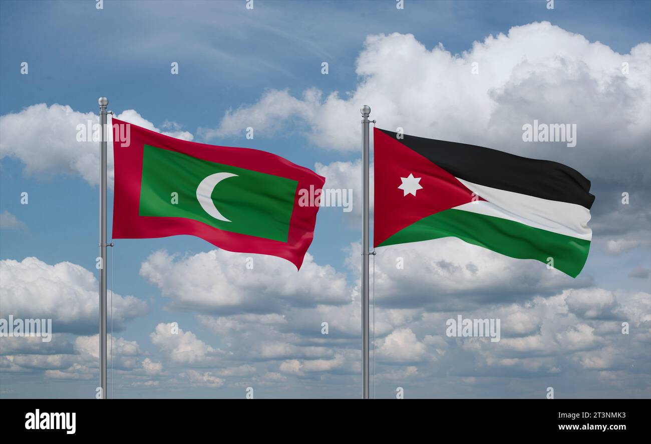 Jordan and Maldives flags waving together in the wind on blue cloudy sky, two country ...