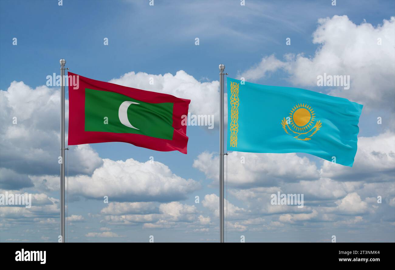 Kazakhstan and Maldives flags waving together in the wind on blue ...
