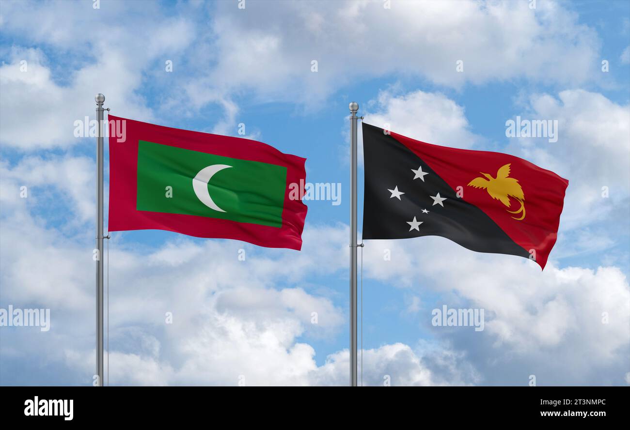 Papua New Guinea and Maldives flags waving together on blue cloudy sky, two country relationship ...