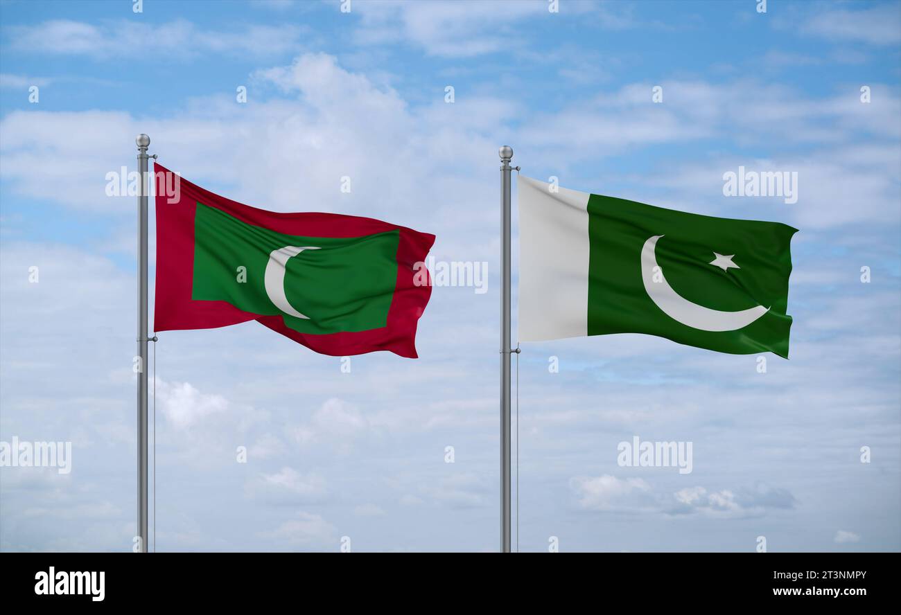 Pakistan and Maldives flags waving together on blue cloudy sky, two ...