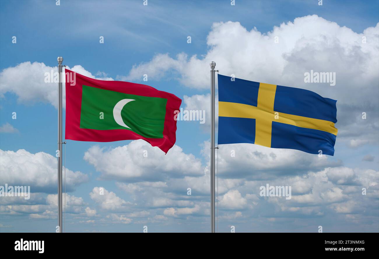Sweden and Maldives flags waving together in the wind on blue cloudy sky, two country ...
