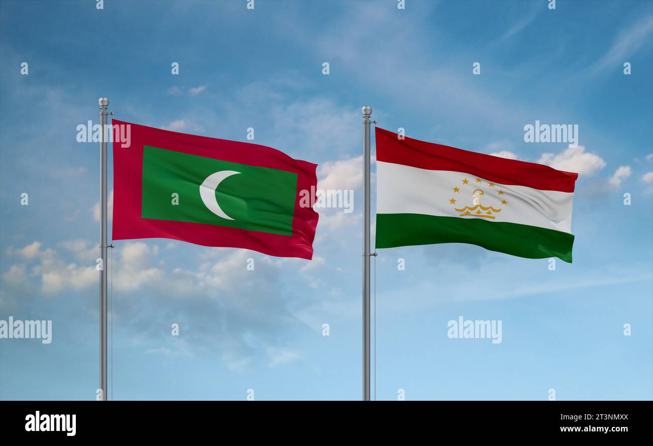 Tajikistan and Maldives flags waving together in the wind on blue cloudy sky, two country ...