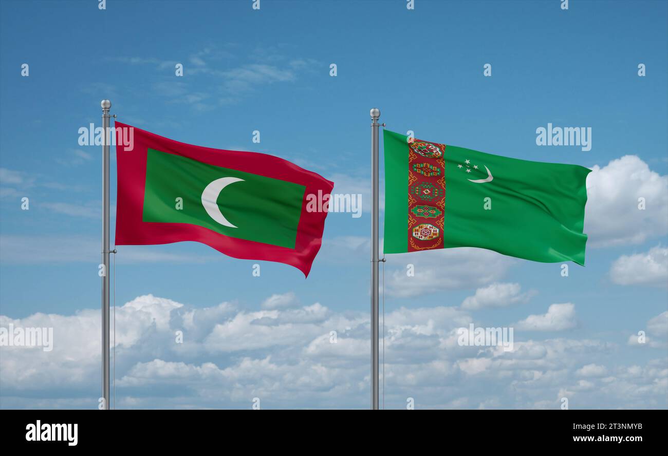 Turkmenistan and Maldives flags waving together in the wind on blue cloudy sky, two country ...