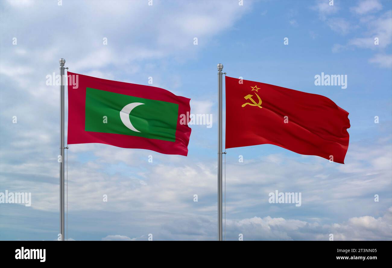 Soviet Union or USSR and Maldives flags waving together in the wind on blue cloudy sky, two ...
