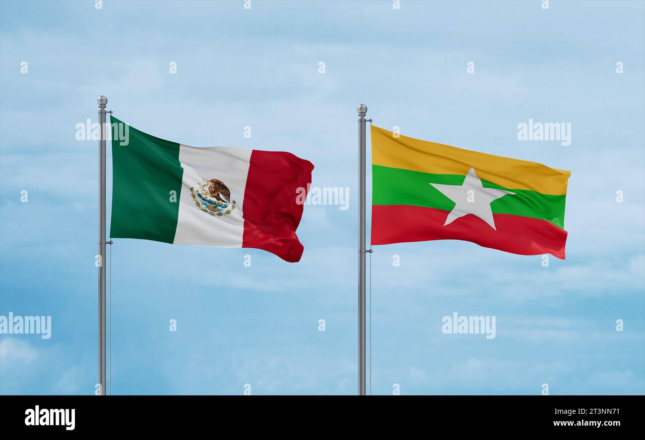 Myanmar aka Burma and Mexico flags waving together on blue cloudy sky ...