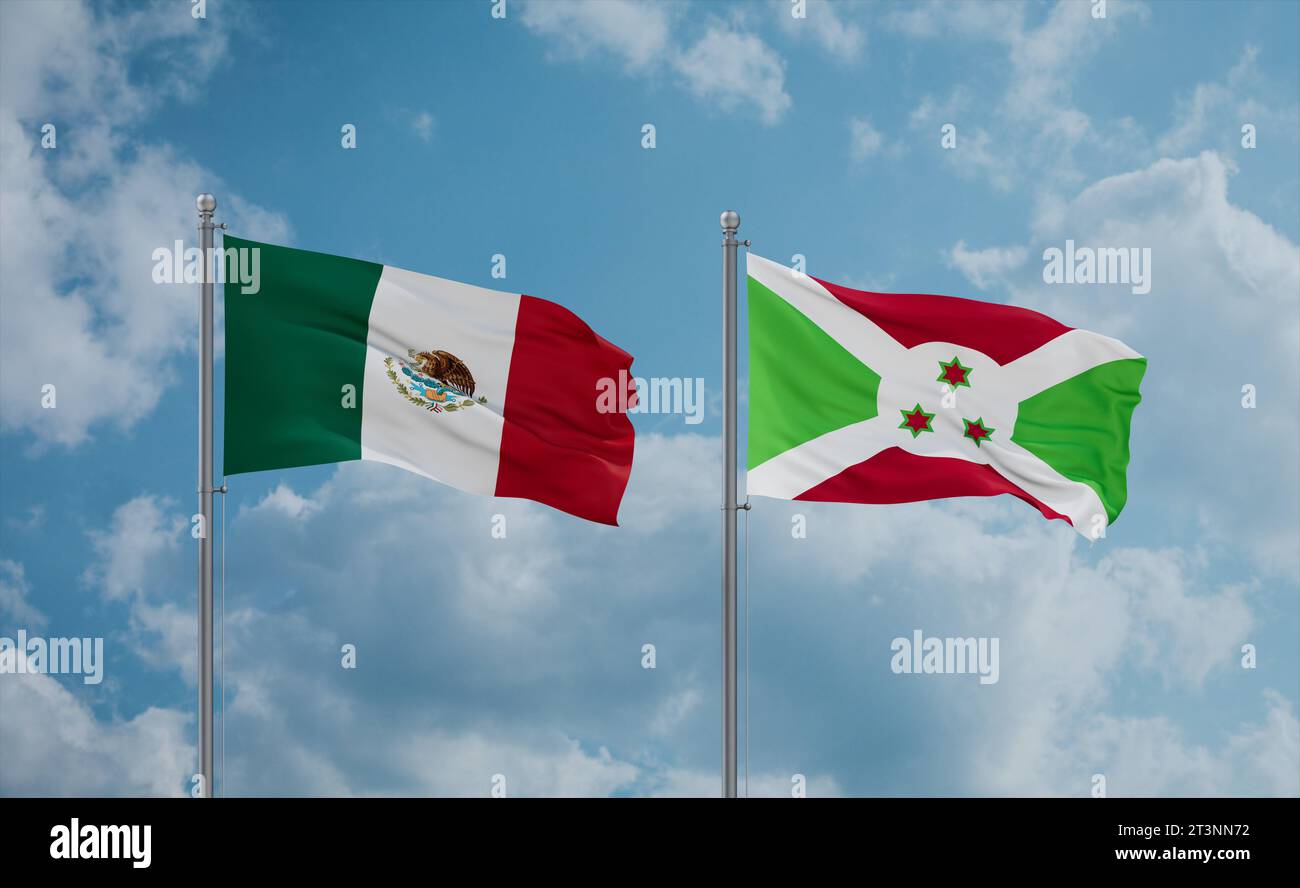 Burundi and Mexico flags waving together on blue cloudy sky, two ...