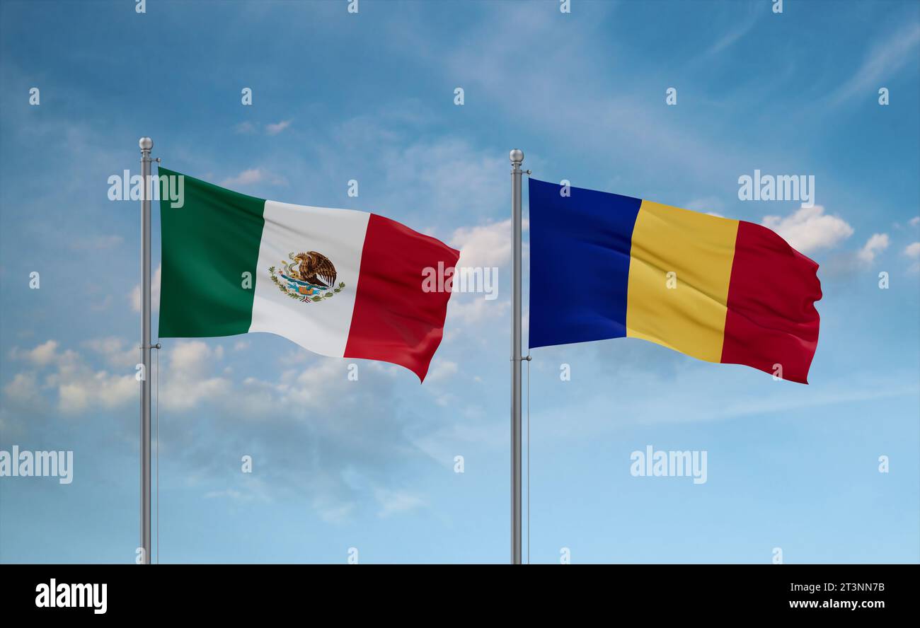 Republic of Chad and Mexico flags waving together in the wind on blue ...