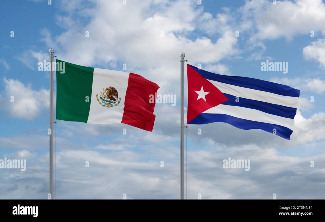 Cuba and Mexico flags waving together in the wind on blue cloudy sky ...