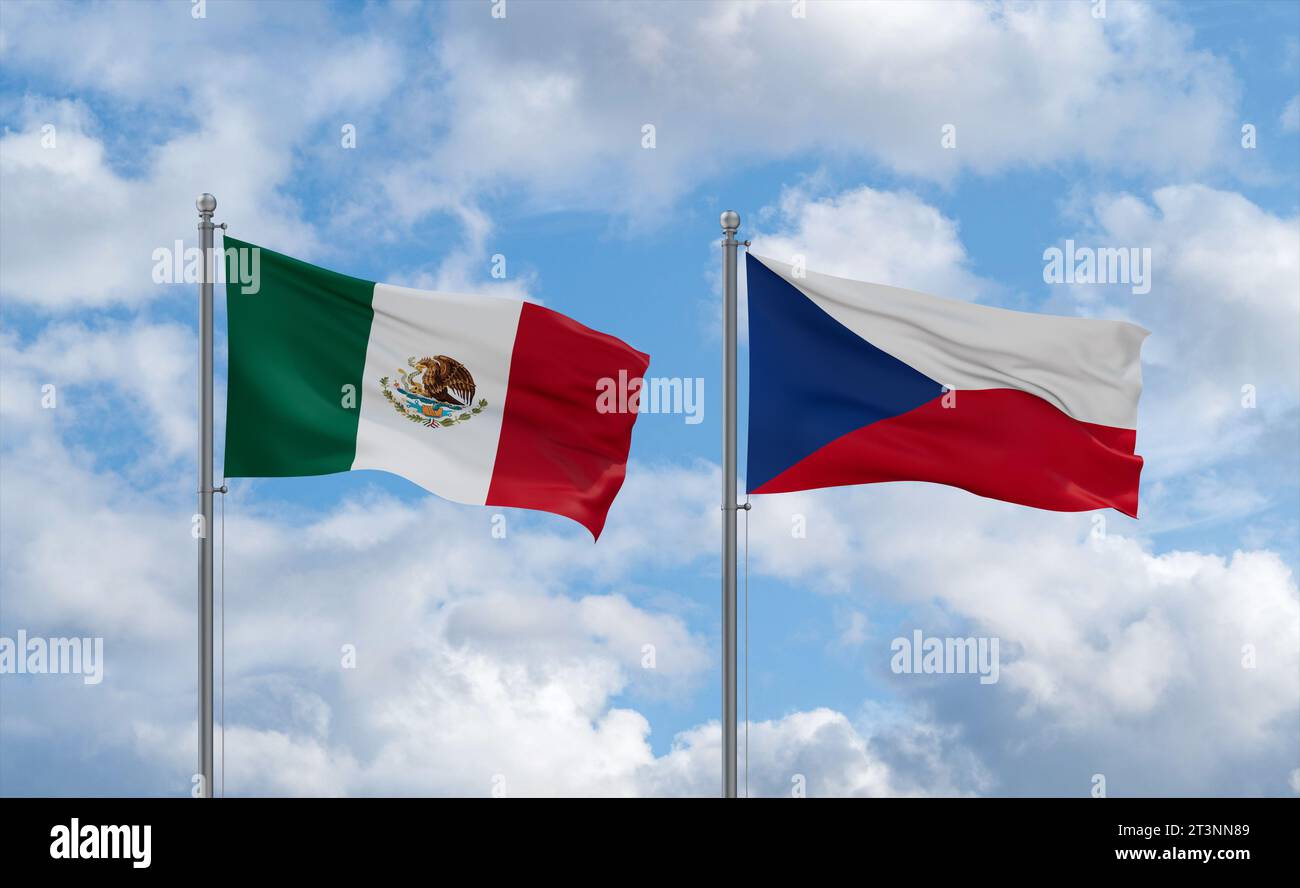 Czech Republic and Mexico flags waving together on blue cloudy sky, two ...