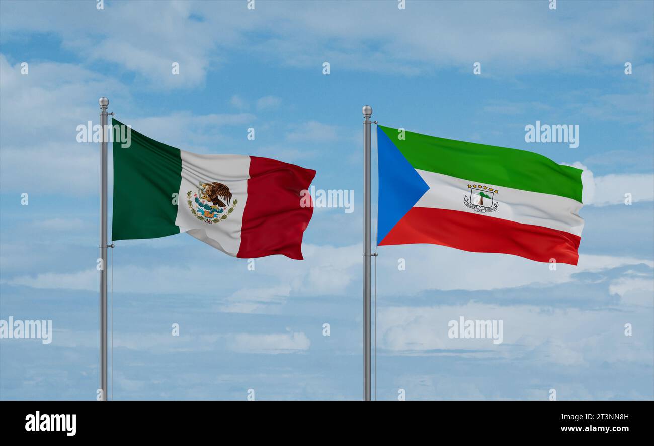 Equatorial Guinea and Mexico flags waving together on blue cloudy sky ...