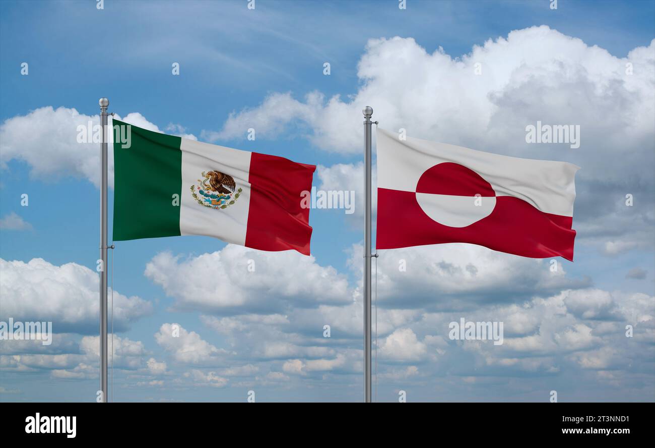 Greenland and Mexico flags waving together on blue cloudy sky, two country relationship concept ...