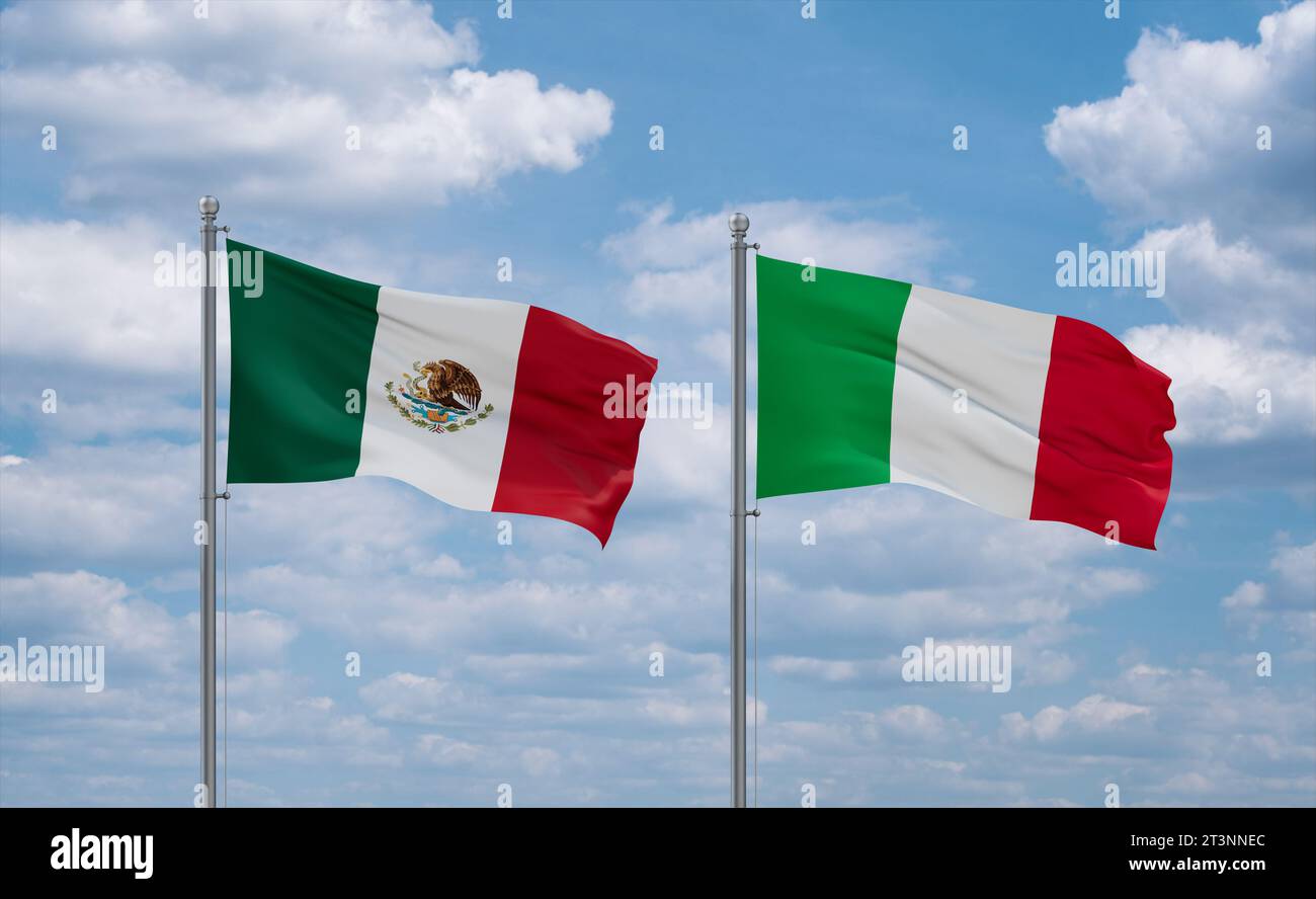 Italy and Mexico flags waving together in the wind on blue cloudy sky ...